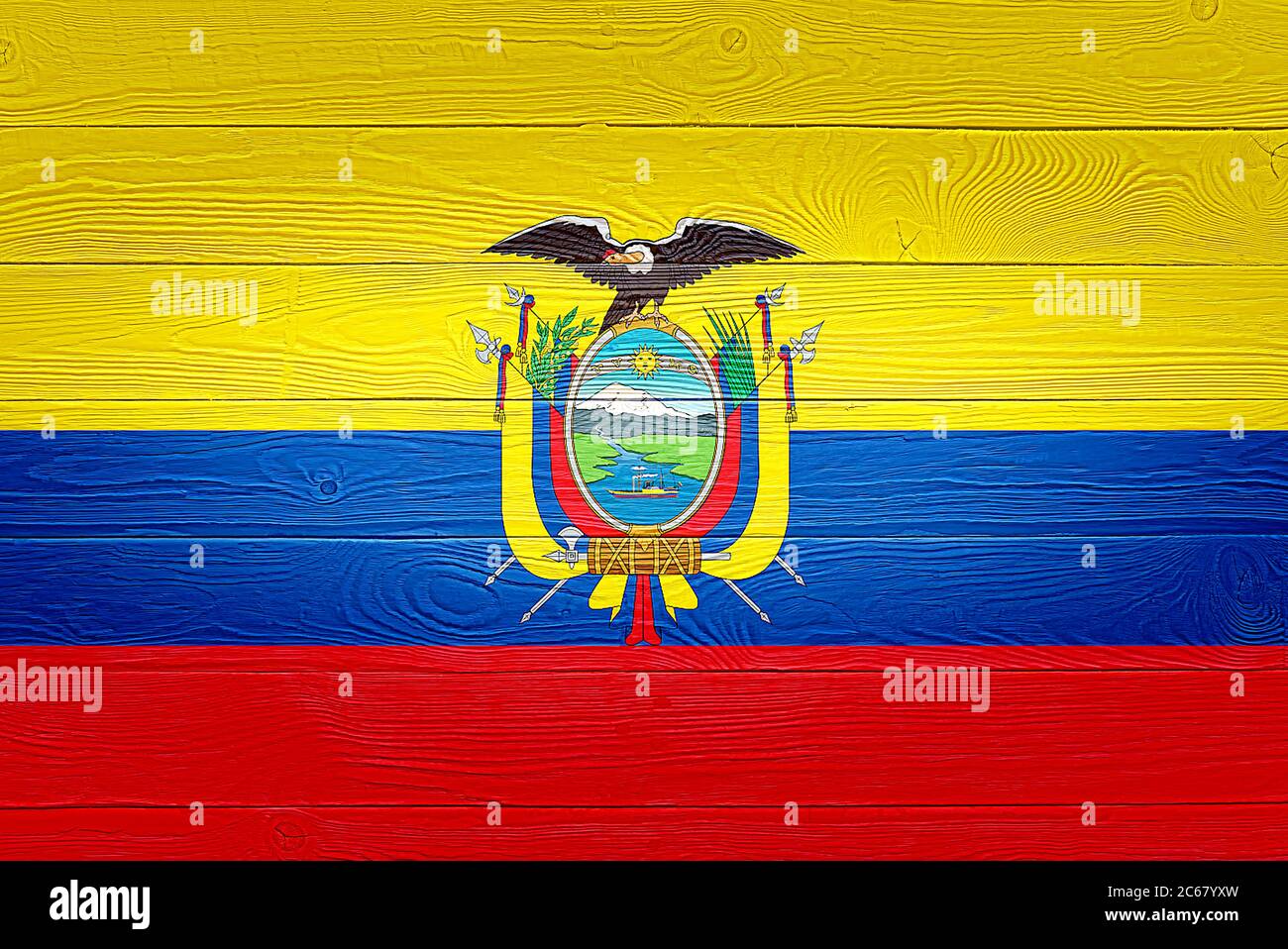 Ecuador flag painted on old wood plank background. Brushed wooden board ...