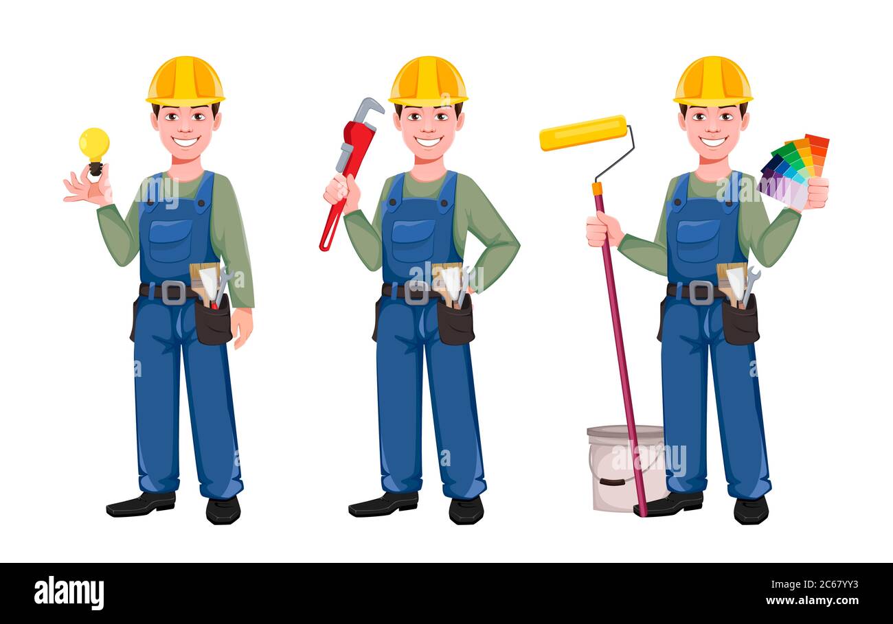 Builder cartoon character, set of three poses. Young construction ...