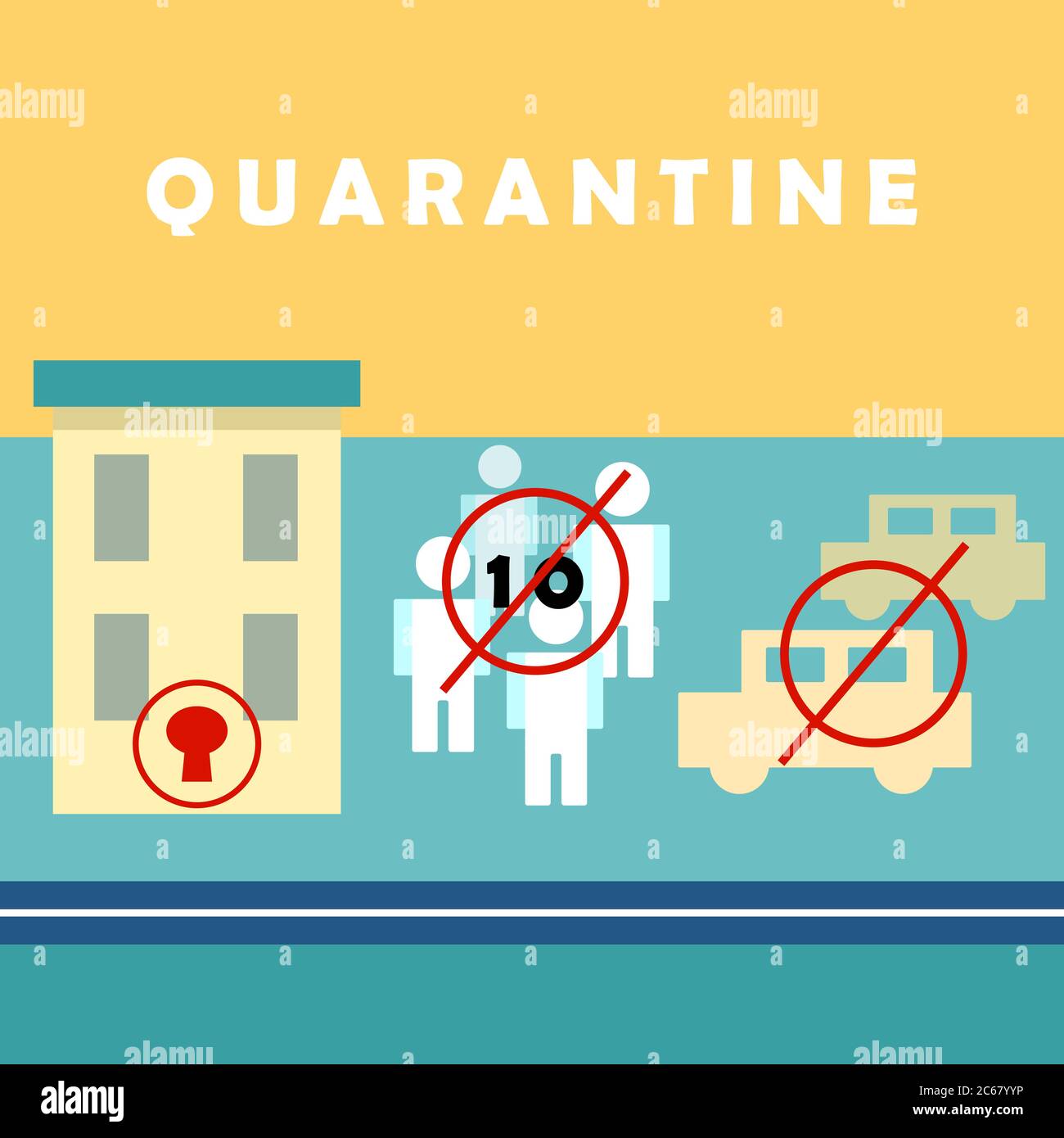 Quarantine text on yellow backdrop. Self isolation keyhole icon for ...