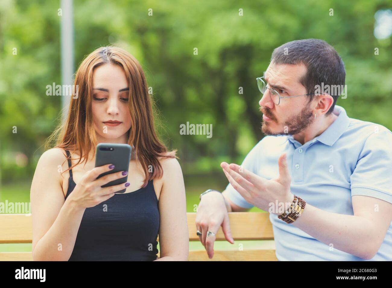 An arguing couple view, man is dictating, woman stay cool and ...