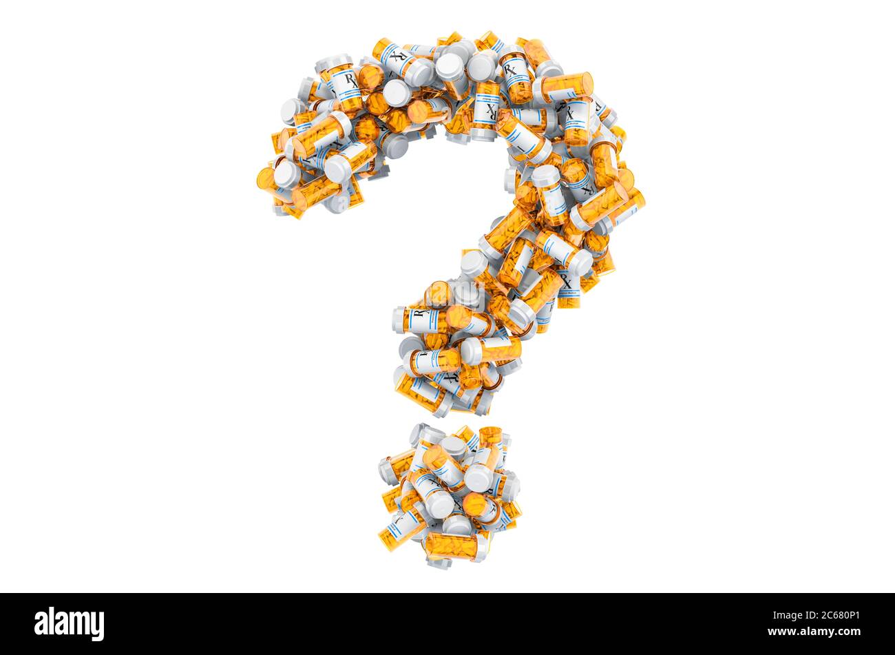 Question mark from medical bottles with drugs. 3D rendering isolated on ...