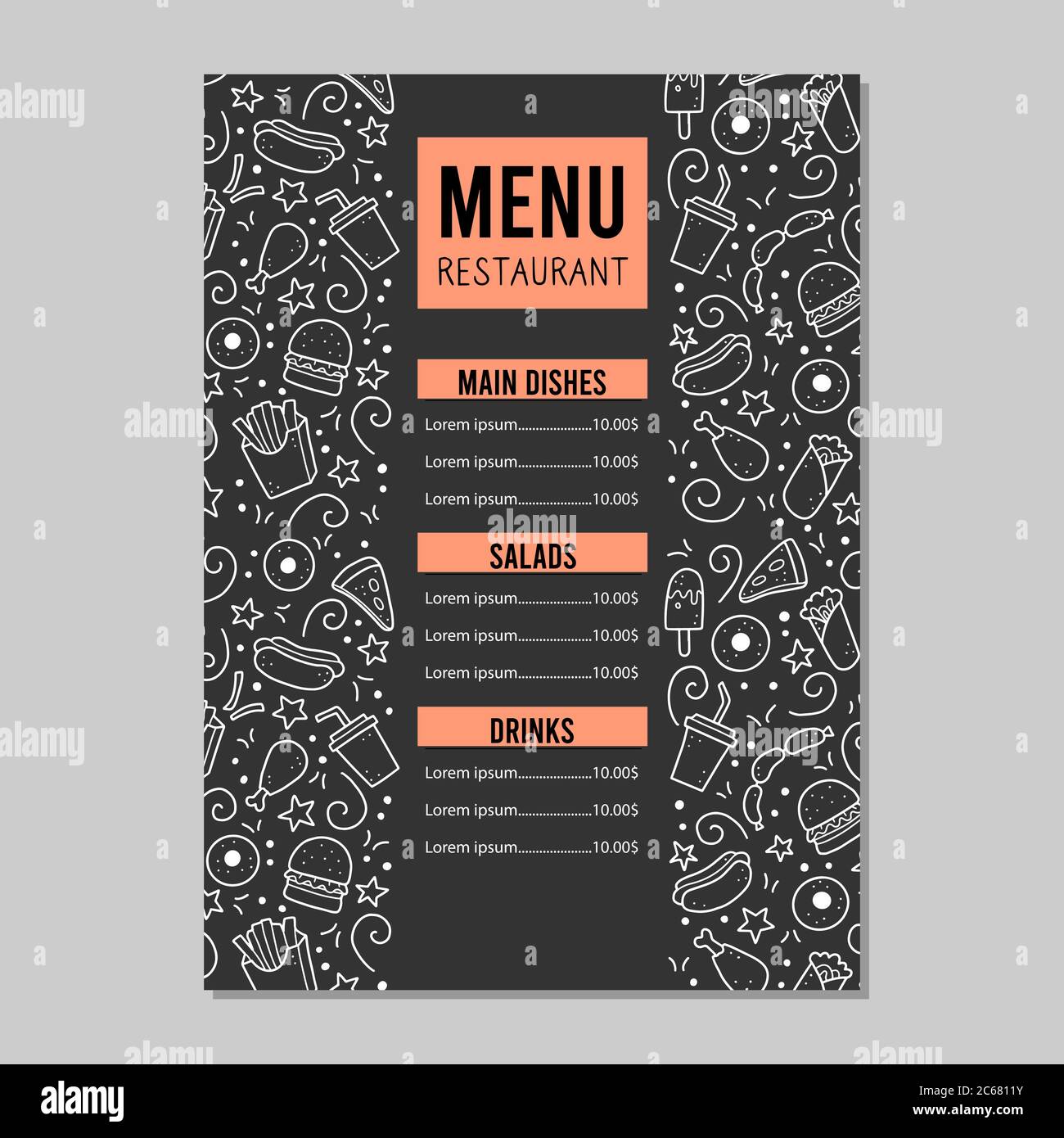 Hand drawn menu template of fast food elements, burger, pizza, sandwich ...