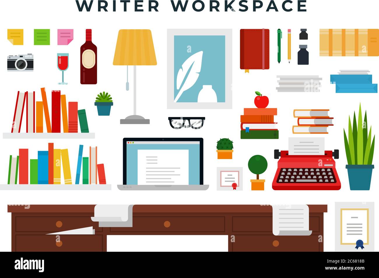 Writer working place, set of flat style elements. Writer cabinet ...