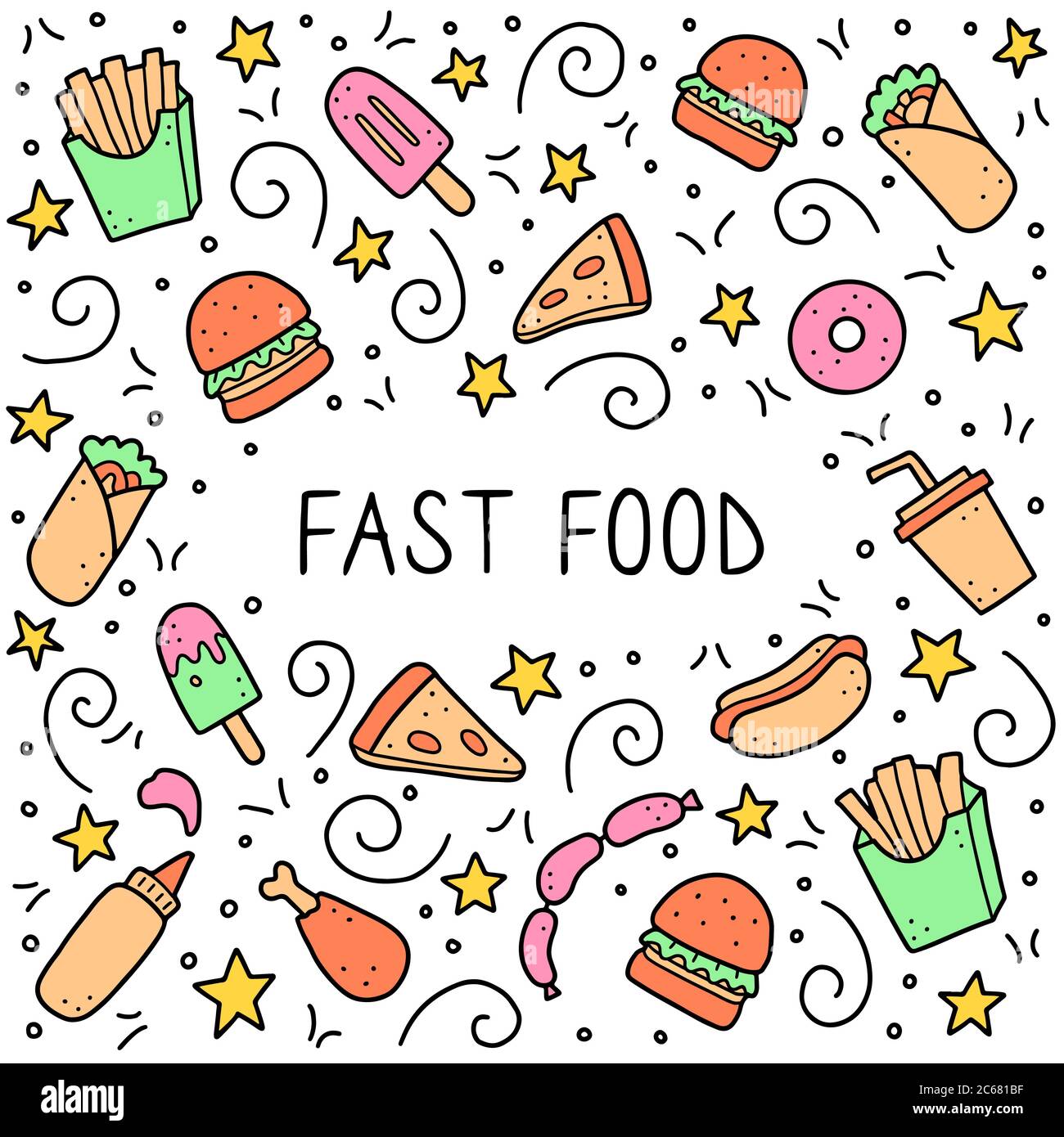 Hand drawn frame of fast food elements, burger, pizza, sandwich ...