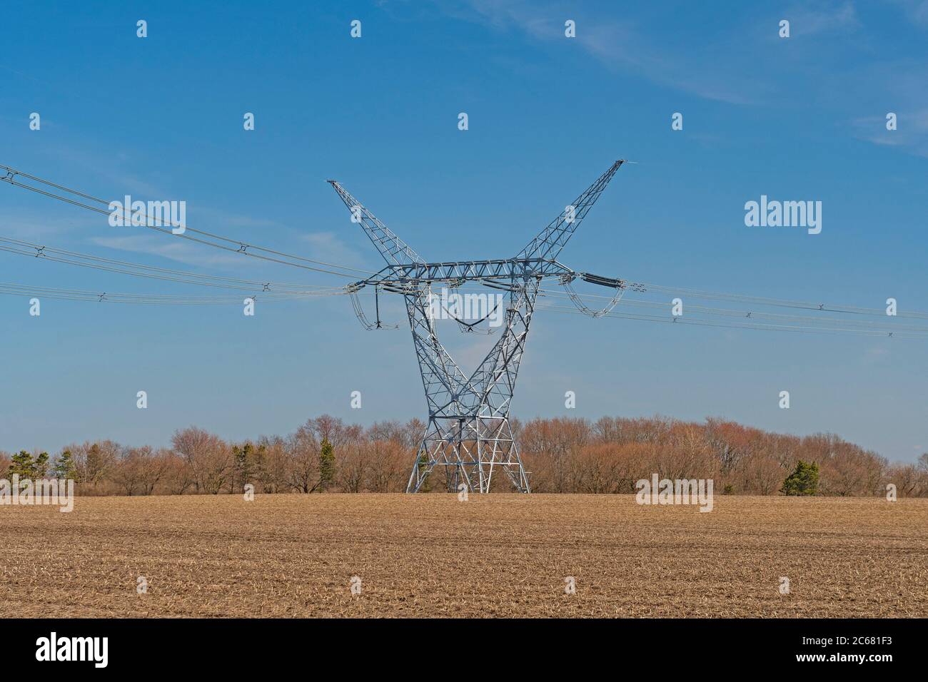 High Power Transmission LInes and Tower in a Remote Farmland in Midewin ...