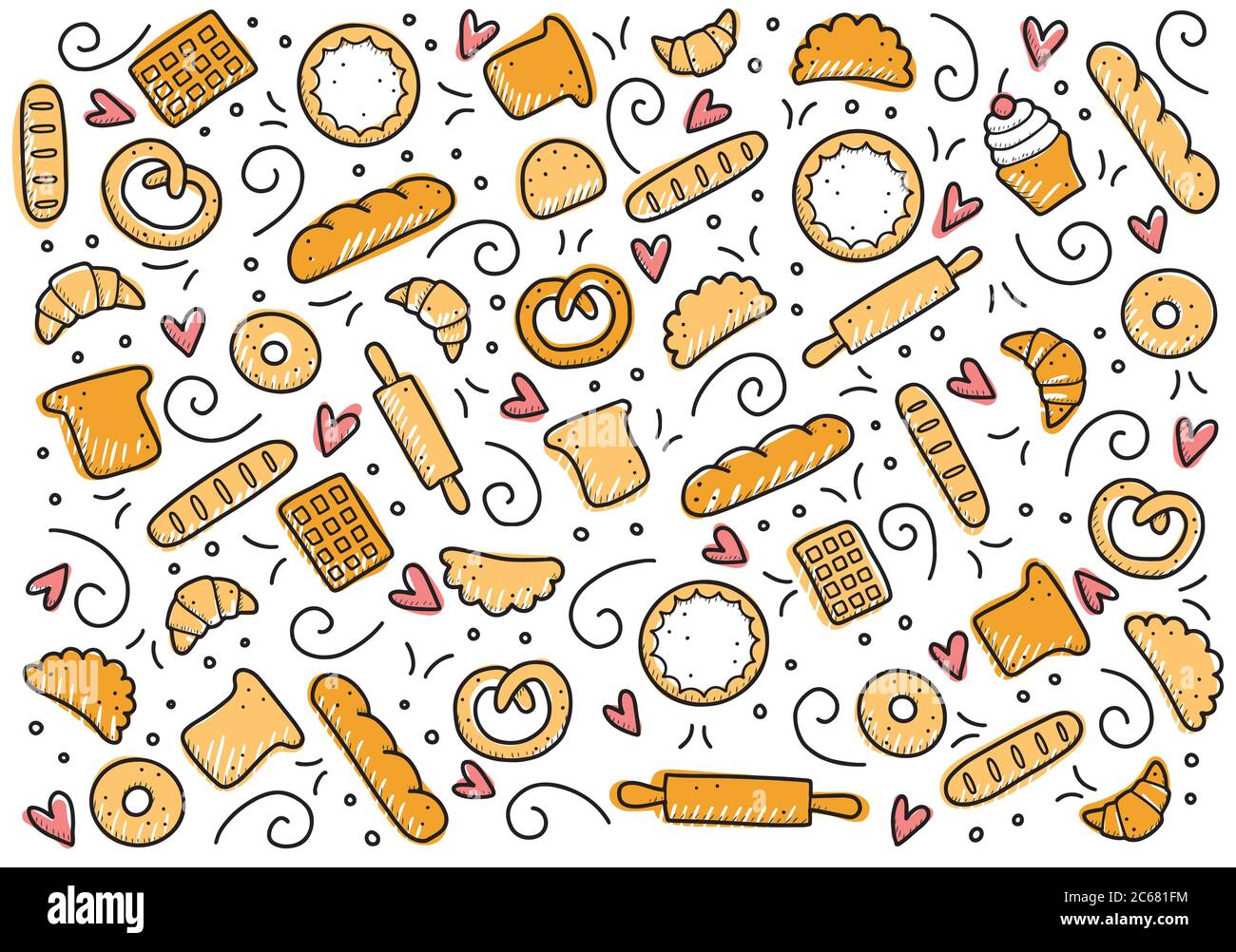 Hand drawn set of bakery and baking elements, bread, pastry, croissant, cake, donut. Doodle ...