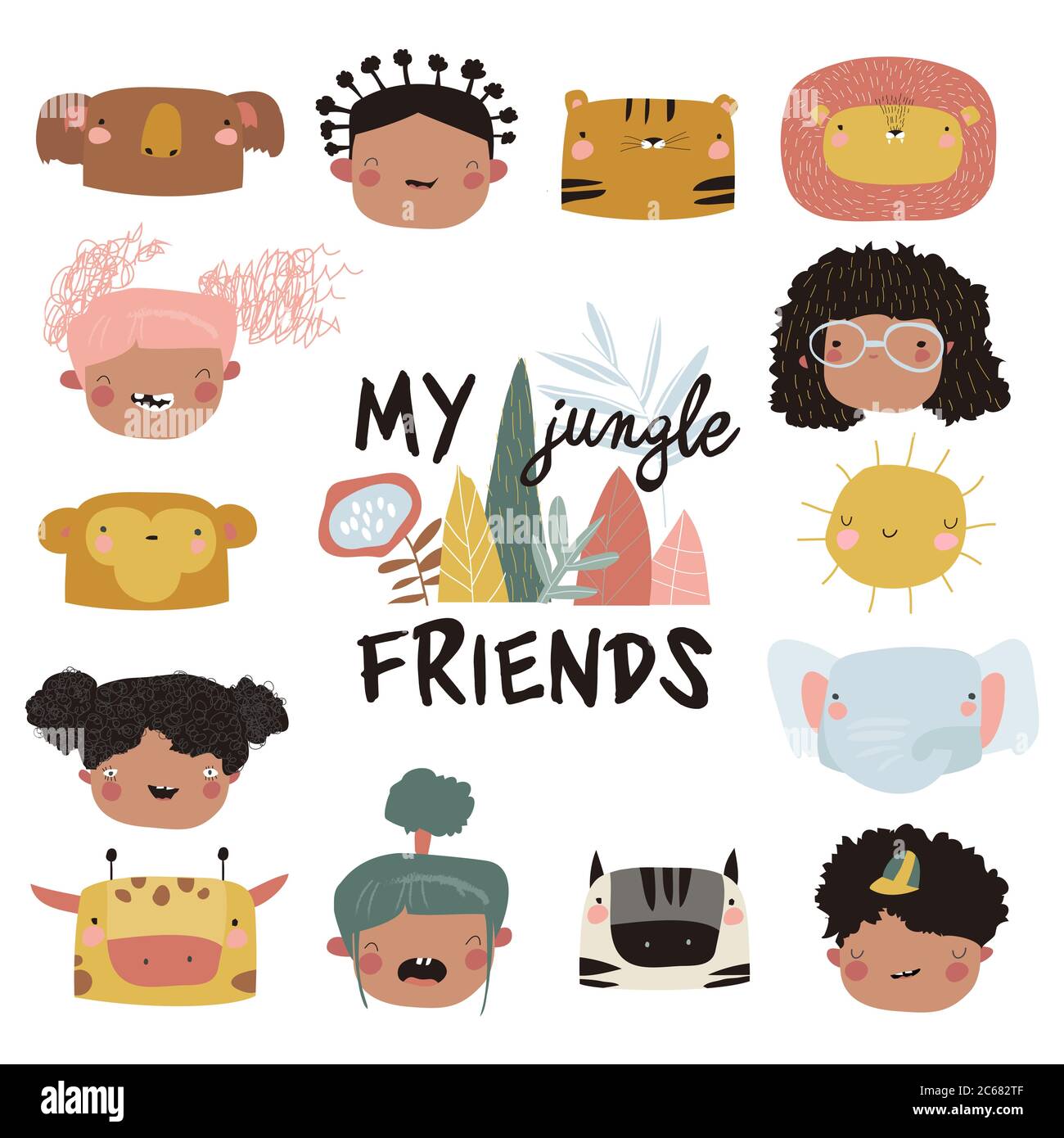 Cute kids faces and jungle animals on a white background Stock Vector ...