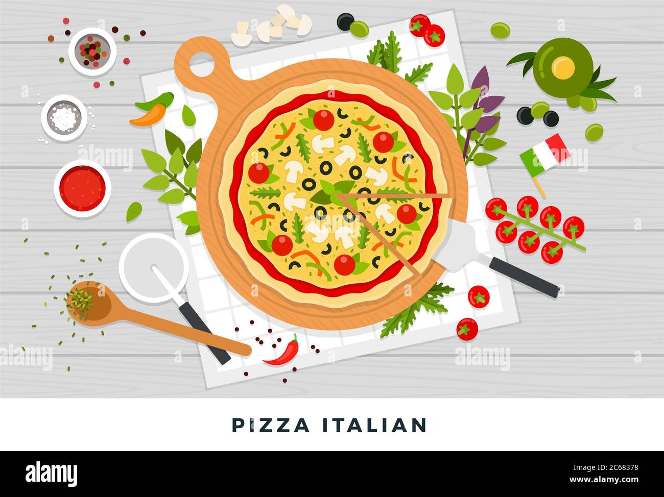 Pizza Italian vector illustration in flat design. Traditional Italian ...
