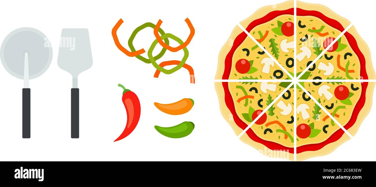 Sliced ??Italian pizza with tools and peppers flat icon vector isolated ...