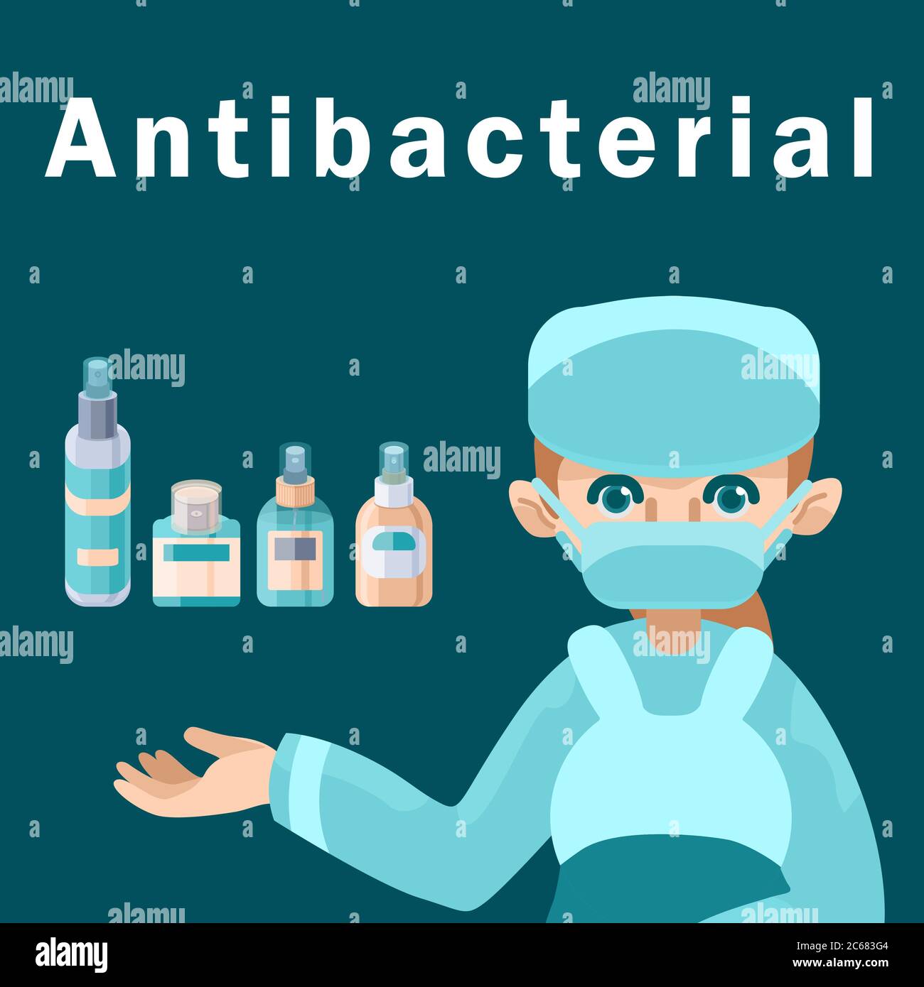 Antibacterial text with antiseptics on blue backdrop. Nurse in mask for ...
