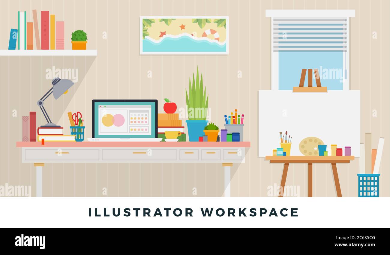 Illustrator workspace. Vector flat illustrators. Workplace of designer ...