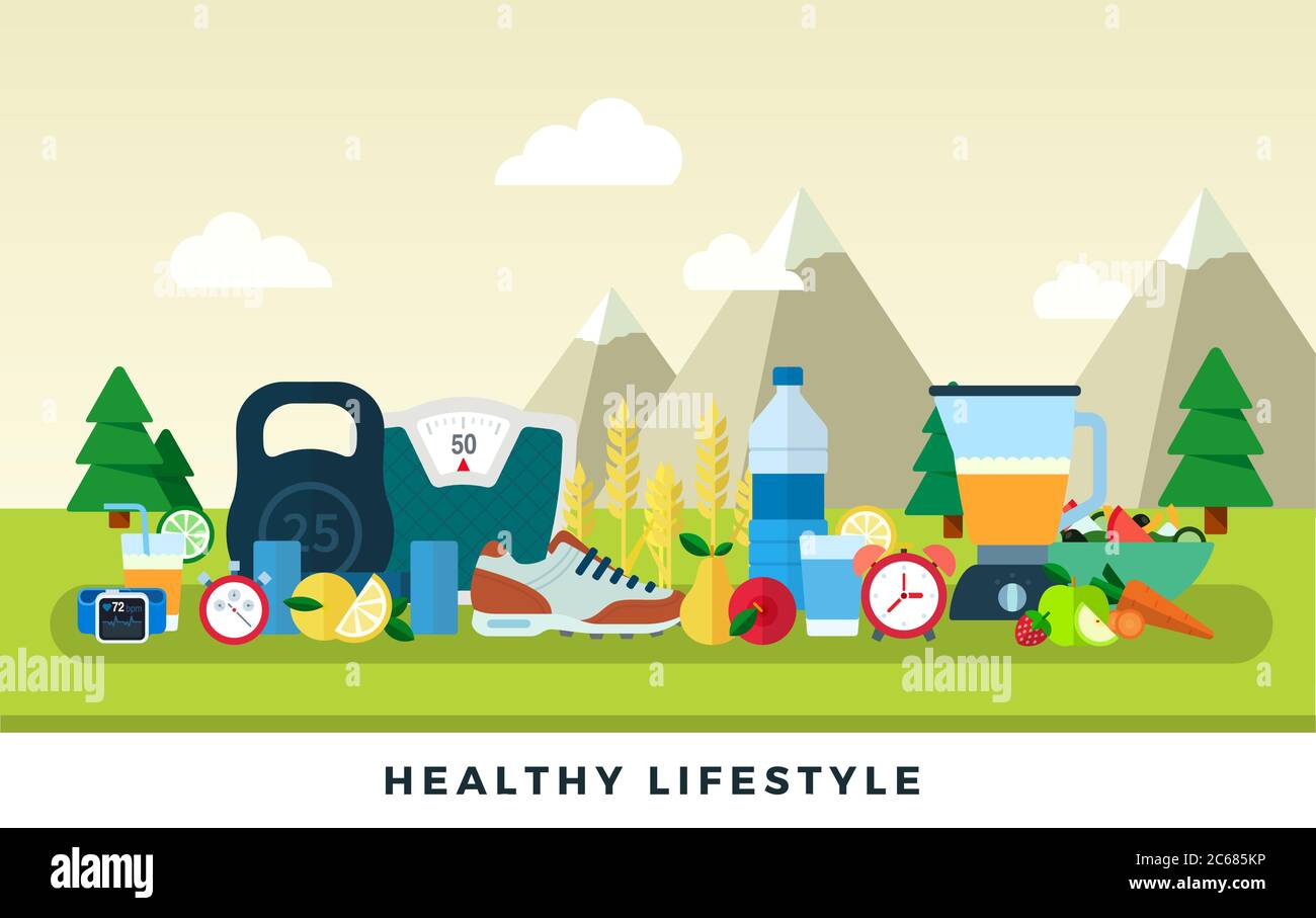 Healthy lifestyle vector flat illustration. Sport, fitness and useful ...