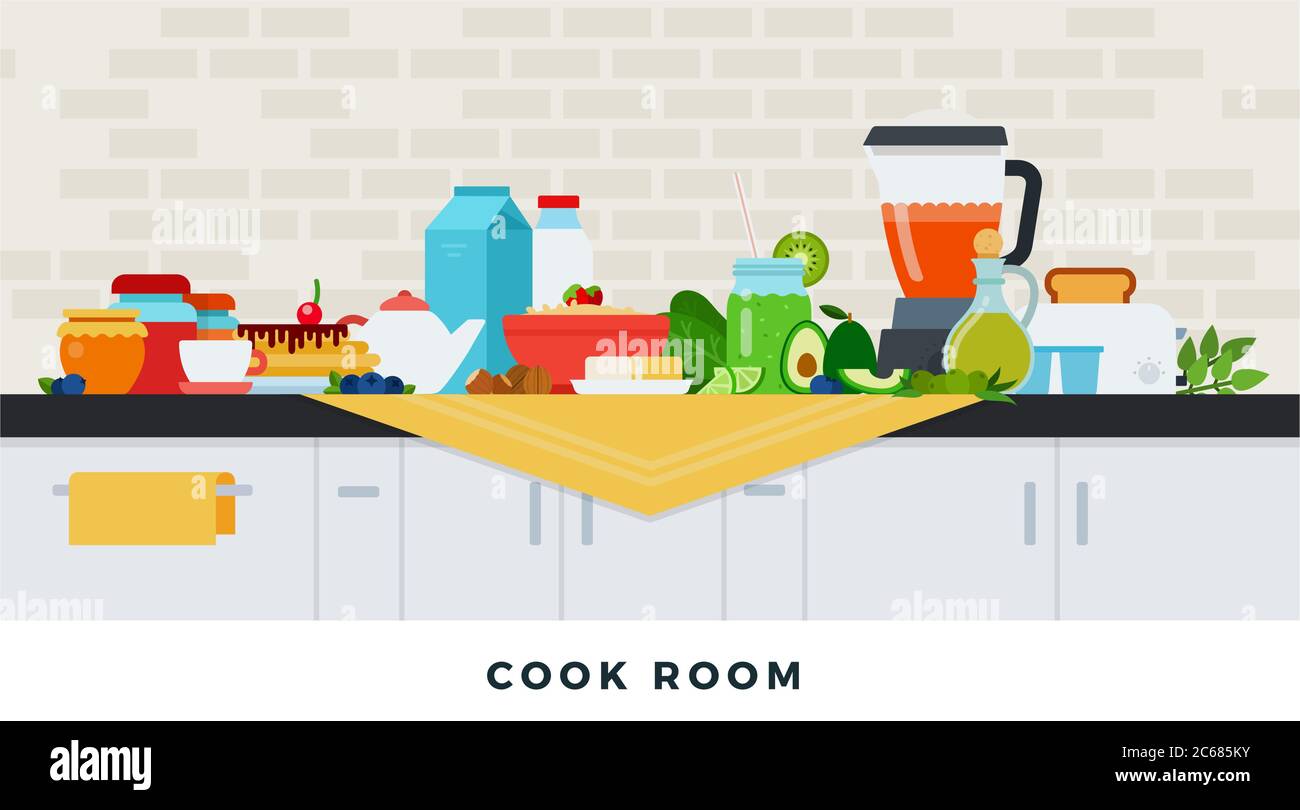 Cook room with healthy breakfast. Vector flat illustrations. Healthy ...