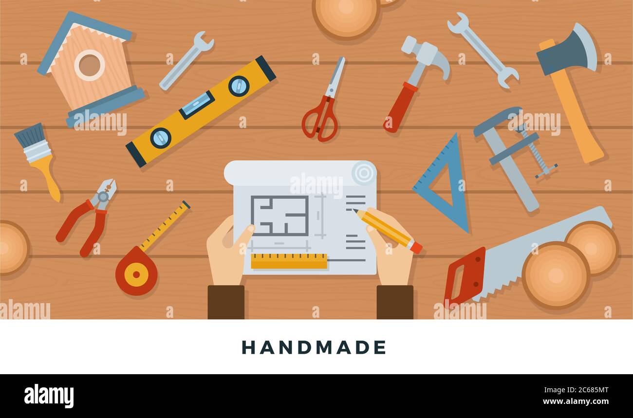 Tools for handmade with wood. Vector flat illustrations. Equipment for ...