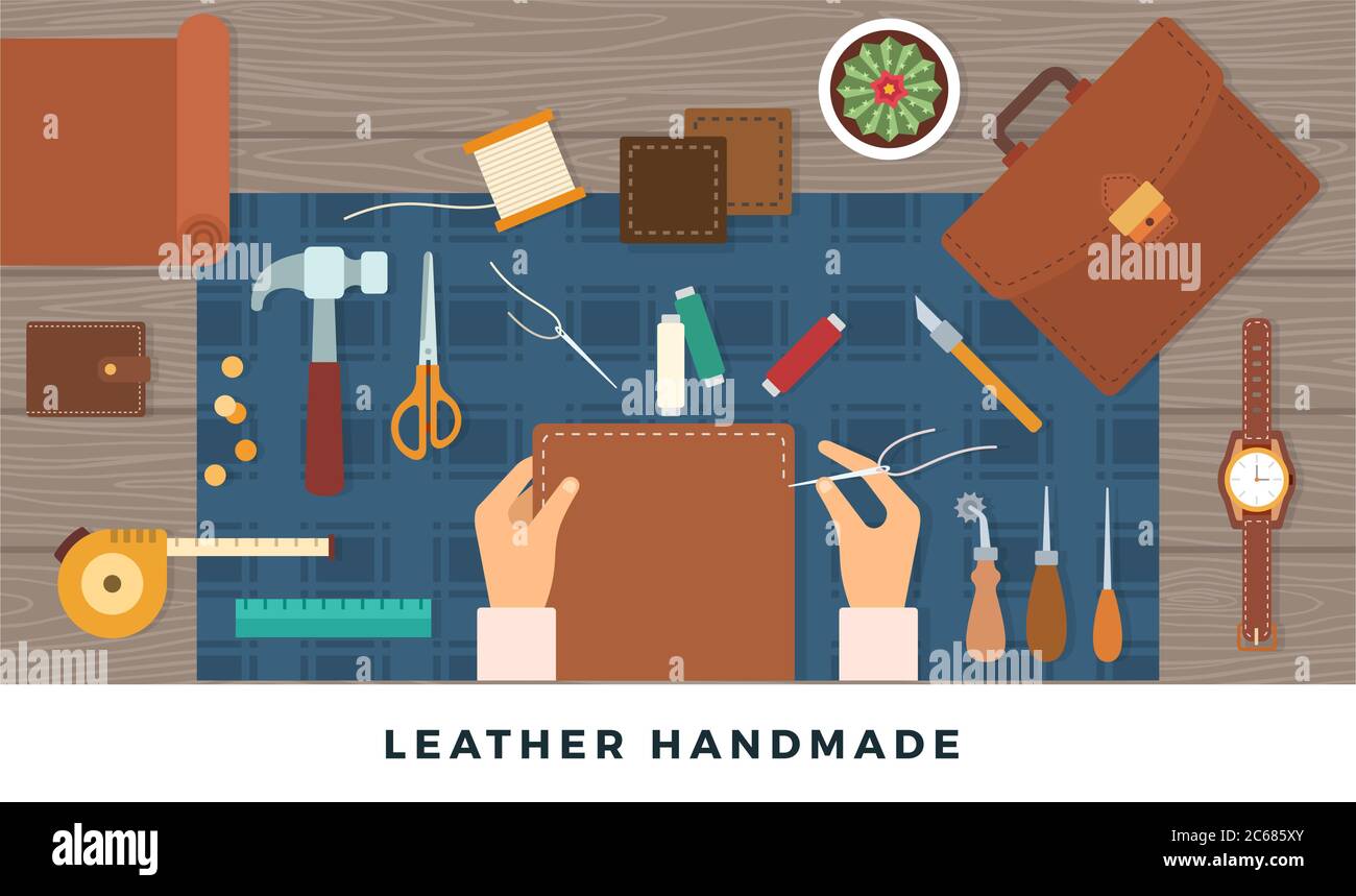 Workplace for handmade leather goods. Vector flat illustration. Table ...