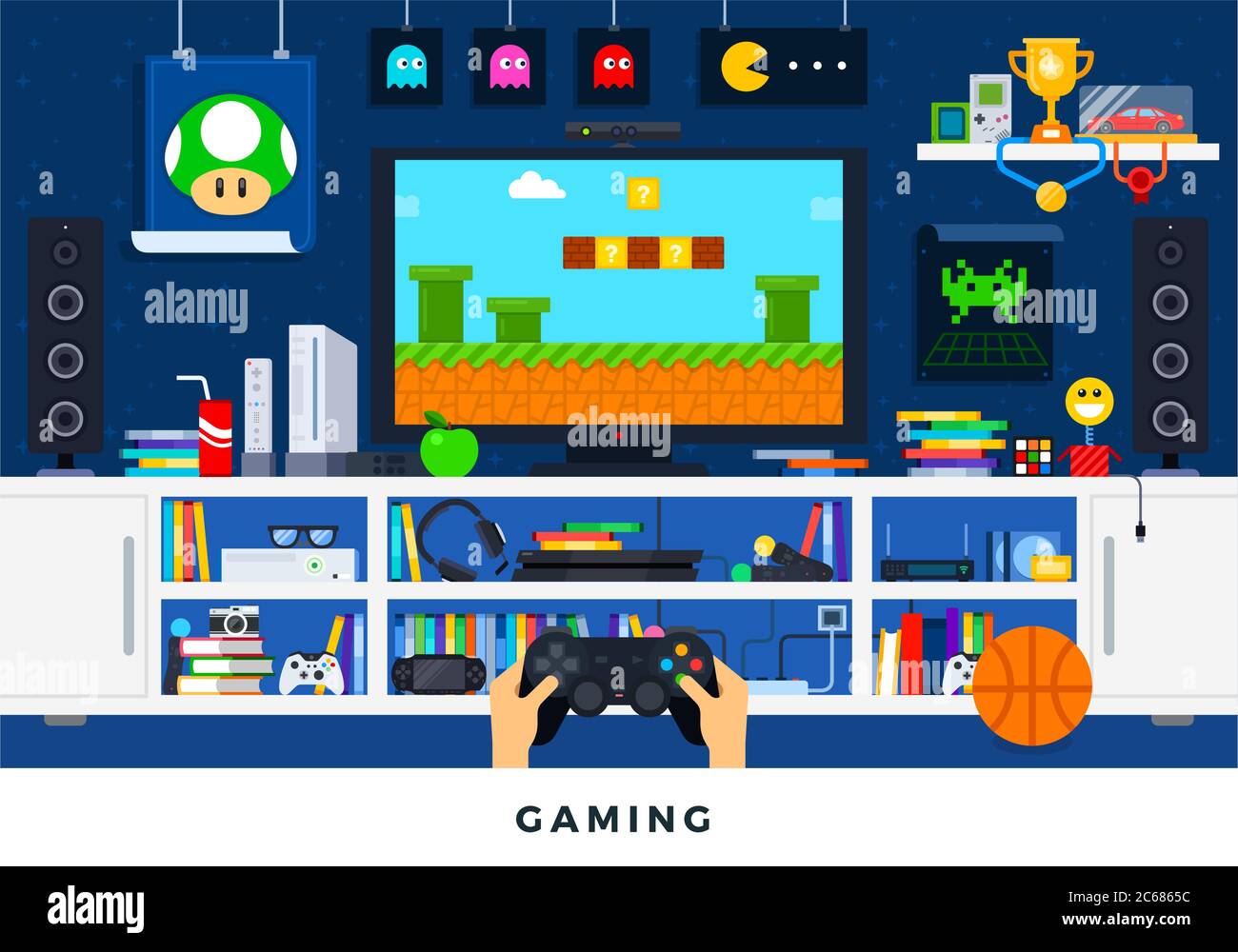 Interior of gamer room. Vector flat illustrations. Modern e-sports ...