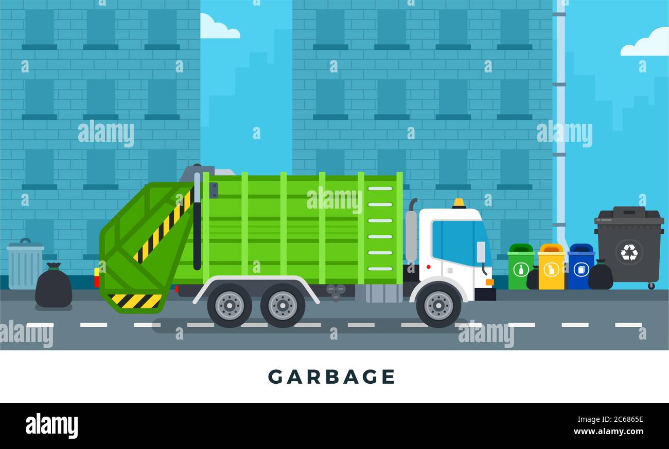 Garbage truck, trash can on city street with buildings. Vector flat ...