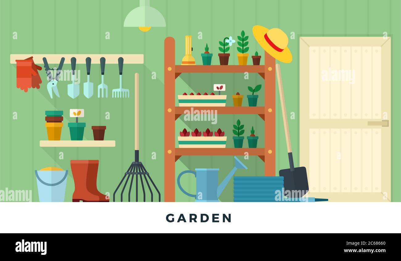 Garden pantry room with tools. Vector flat illustrations. Concept of ...