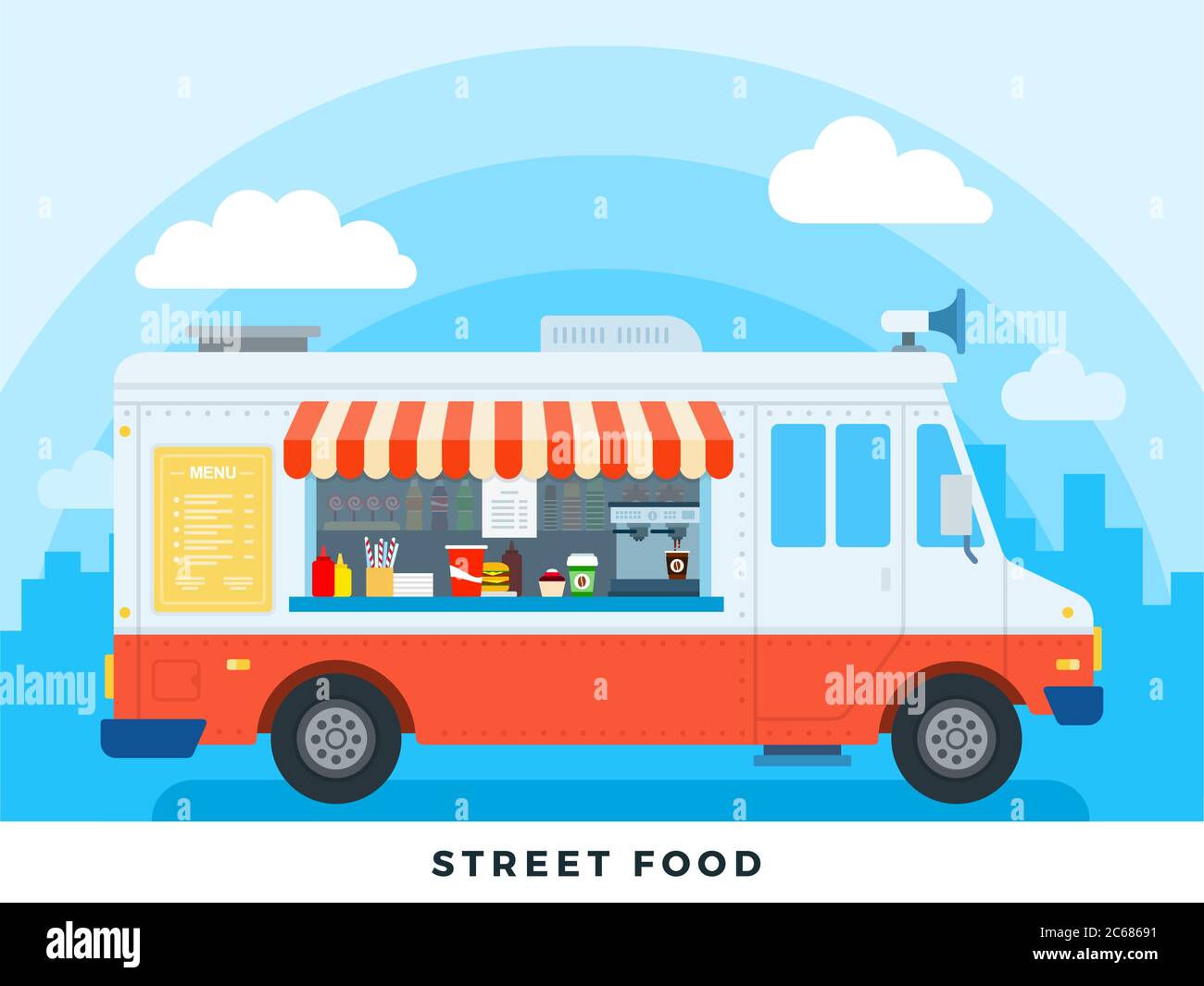 Street food vector flat illustrations. Foods truck with fast food on ...