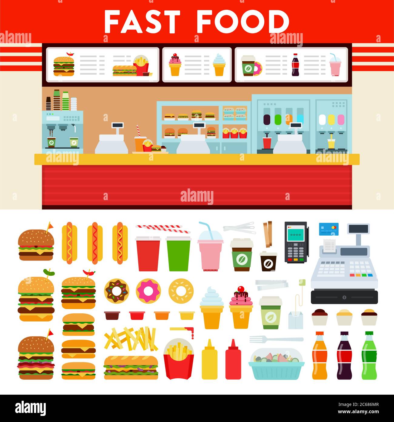 Fast food restaurant and set menu vector icon flat isolated Stock ...
