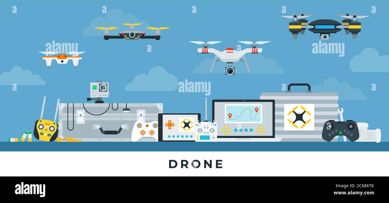 Illustration of four different drone with equipment for storage ...