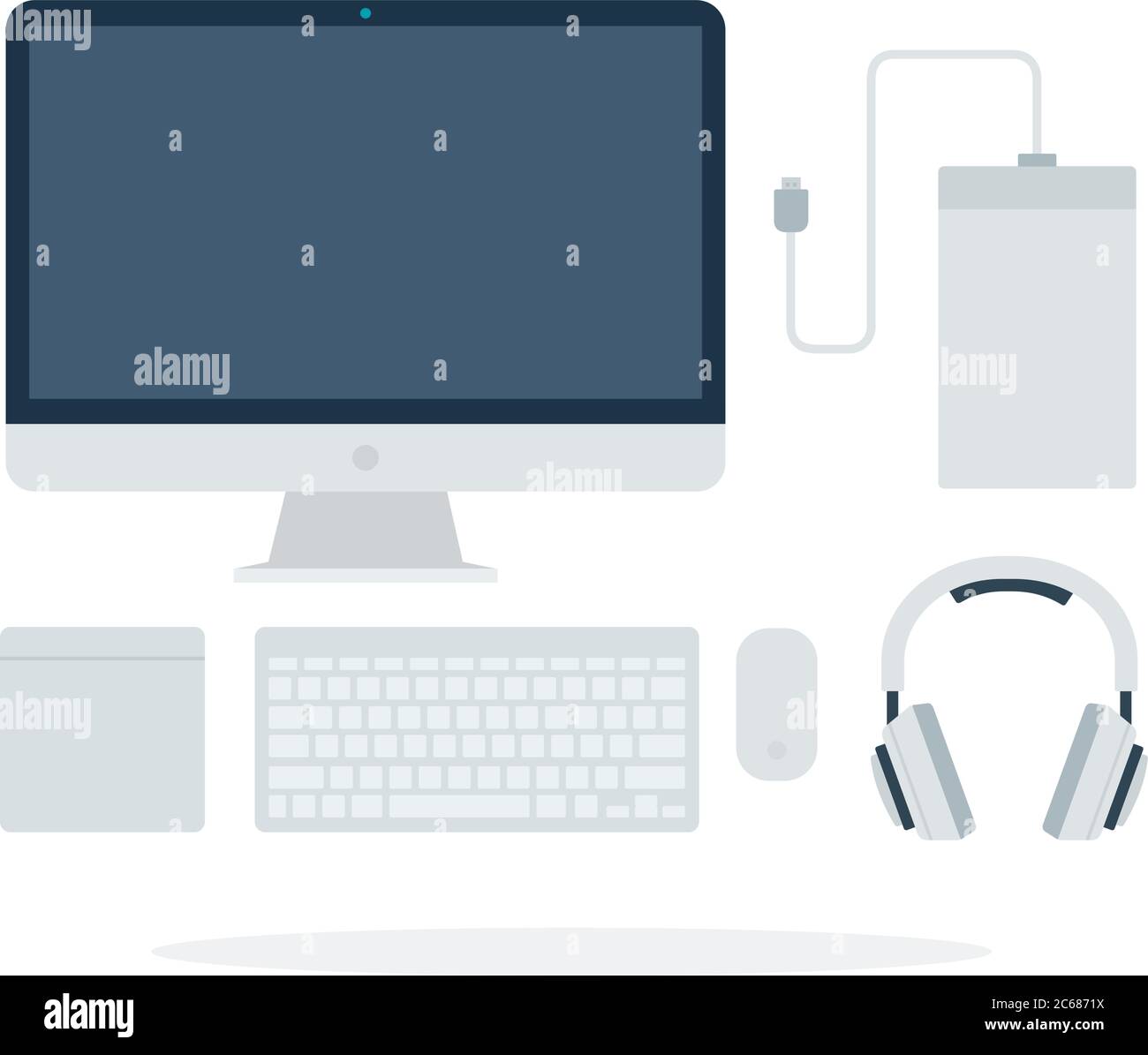 Monitor, computer keyboard, headphones and Power Bank Stock Vector ...