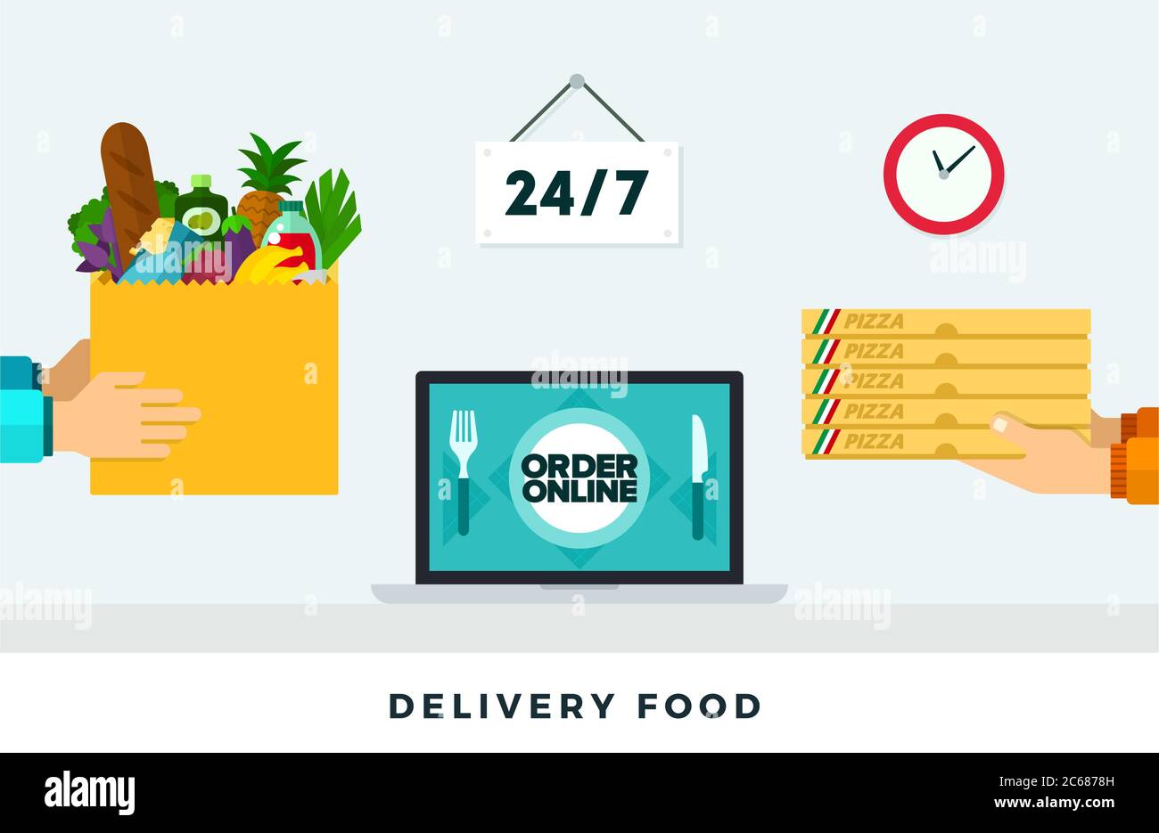 Delivery food around the clock. Vector flat illustration. Fast food ...