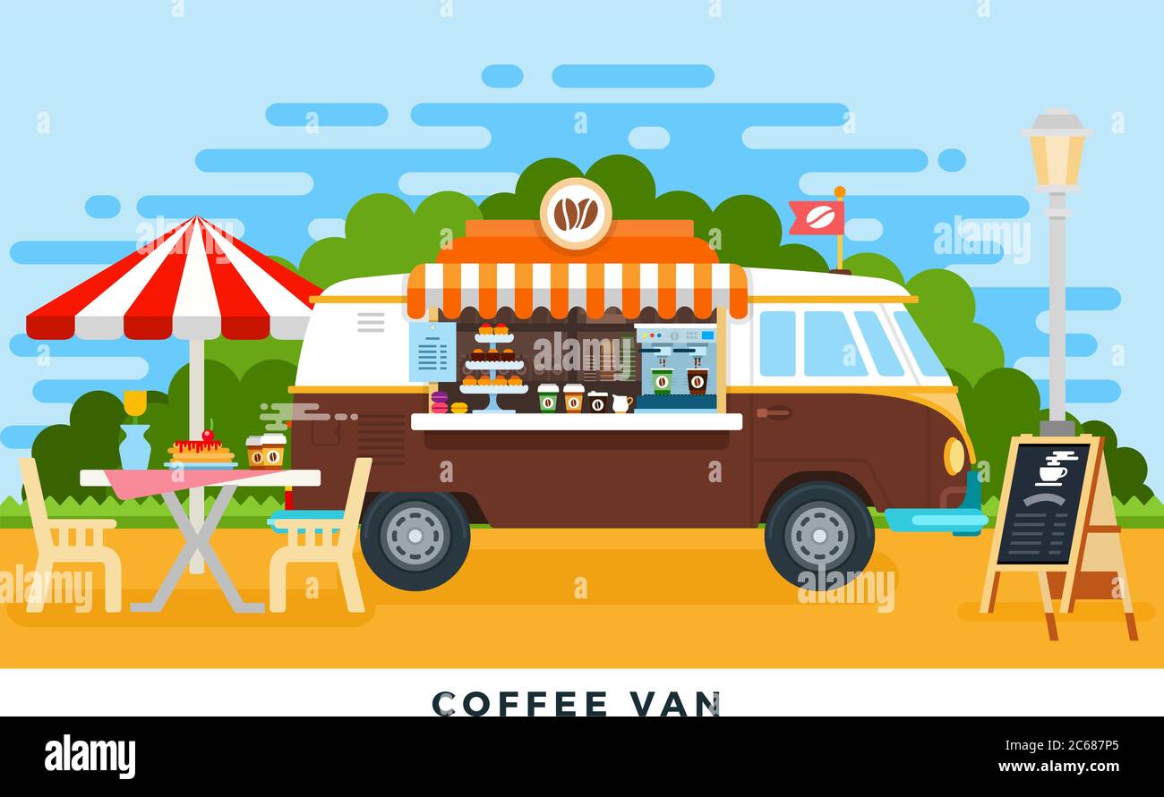Coffee and baking van in the park vector flat illustration Stock Vector ...