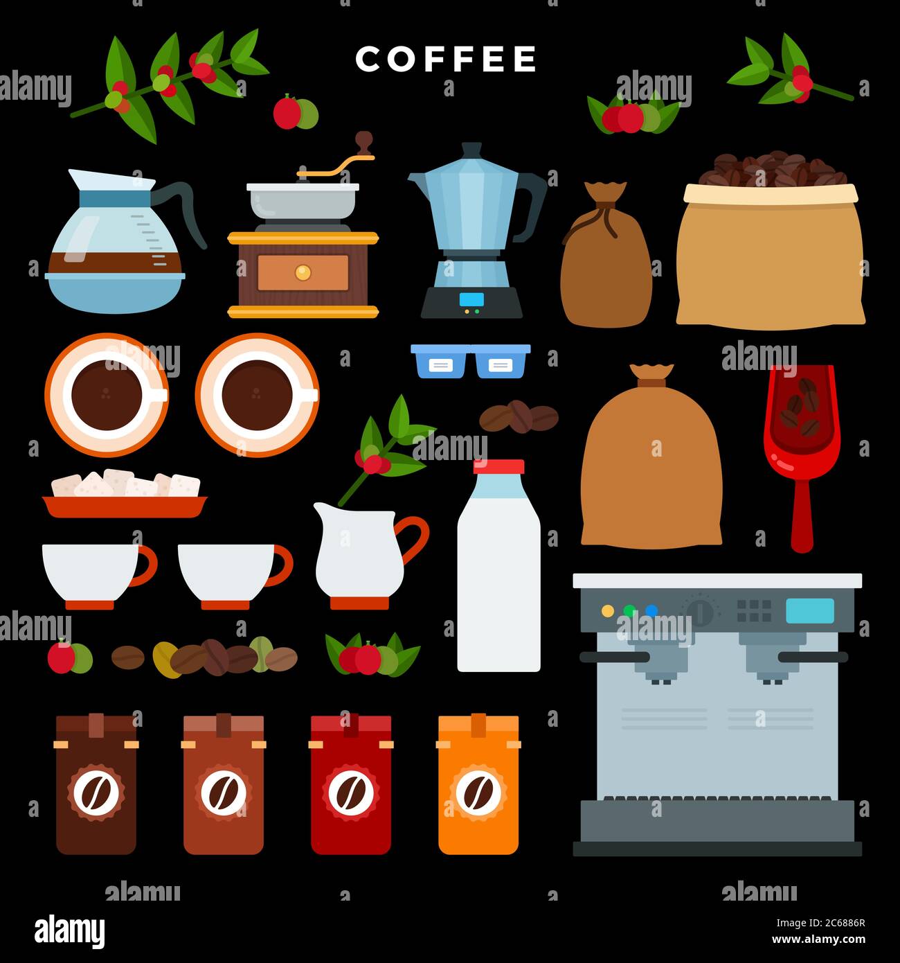 Coffee store flat style vector illustration on dark theme background ...
