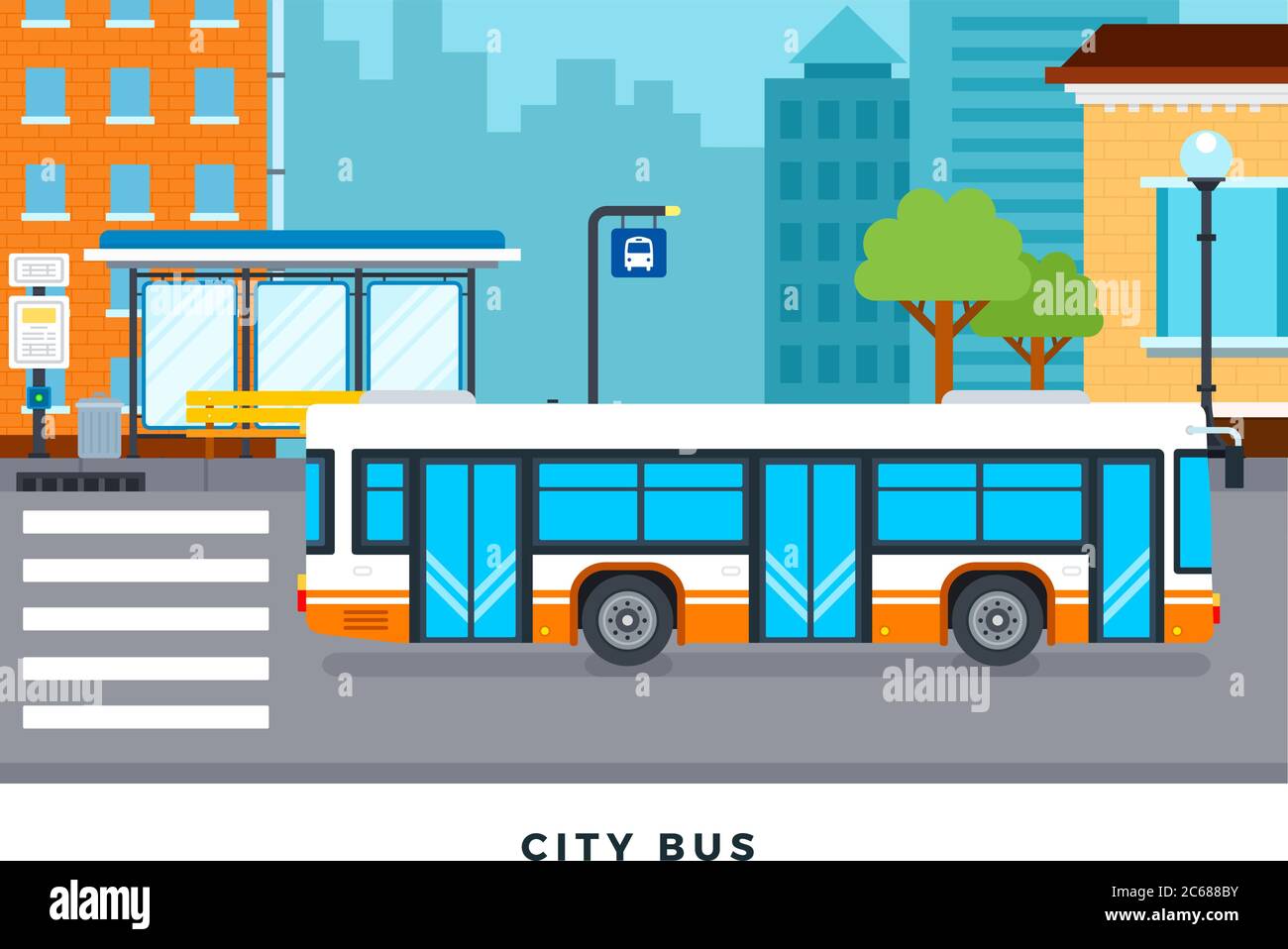 Public bus and transport stop in the city vector flat illustration ...
