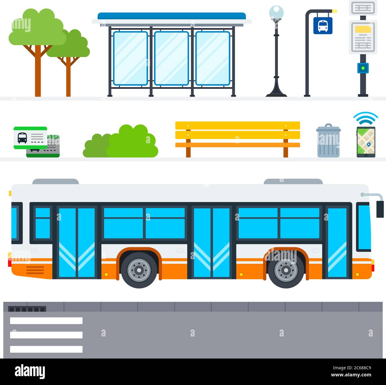 City bus vector flat icons set with public transport stop on white ...