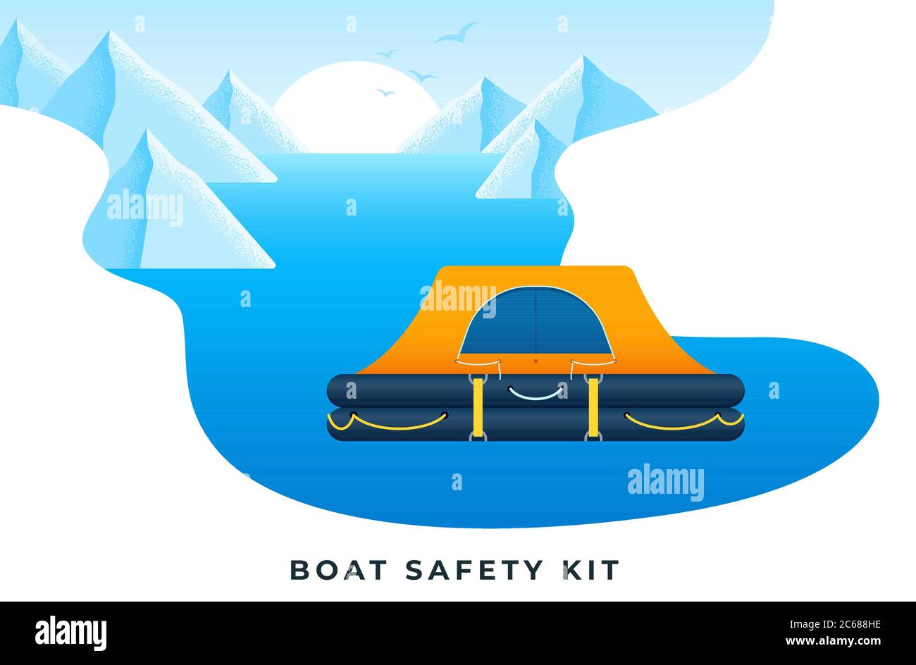 Boat safety kit. Mountain scenery and a lake in blue color vector flat ...