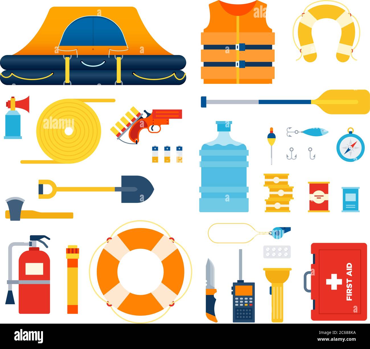 Set of Boat safety kit, Life raft, float flat vector illustration Stock ...