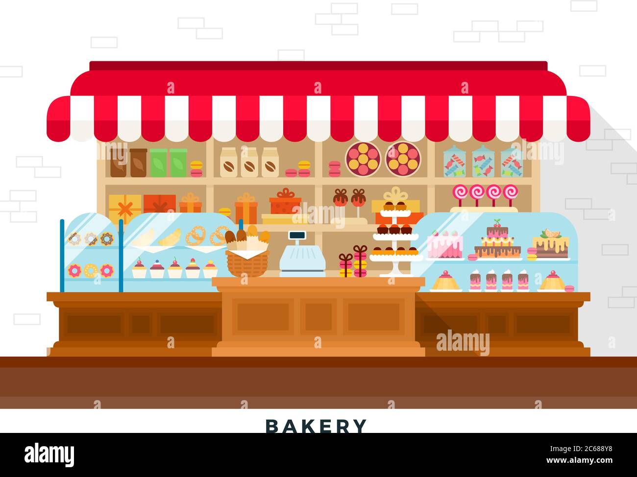 Confectionery, bakery store counter vector flat illustration Stock ...