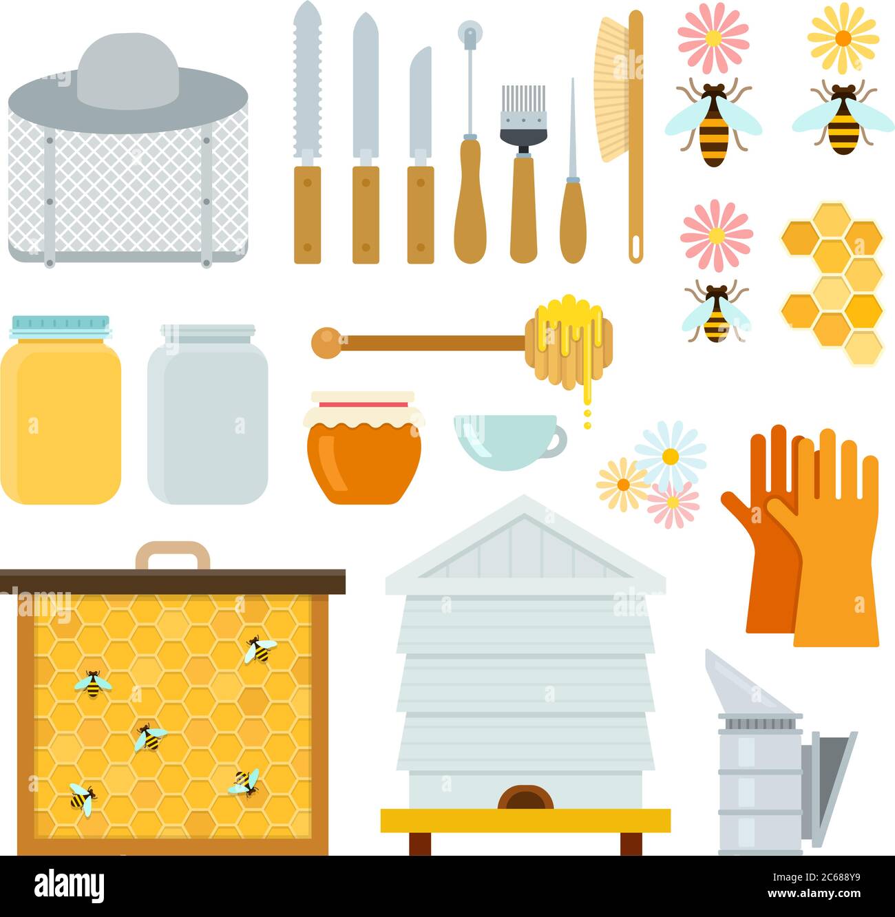 Equipment beekeeper and honeycomb vector flat material design set. Face ...