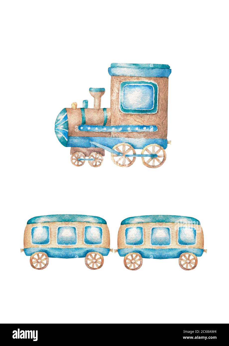 Cartoon toy train hand drawn watercolor isolated illustration on white ...