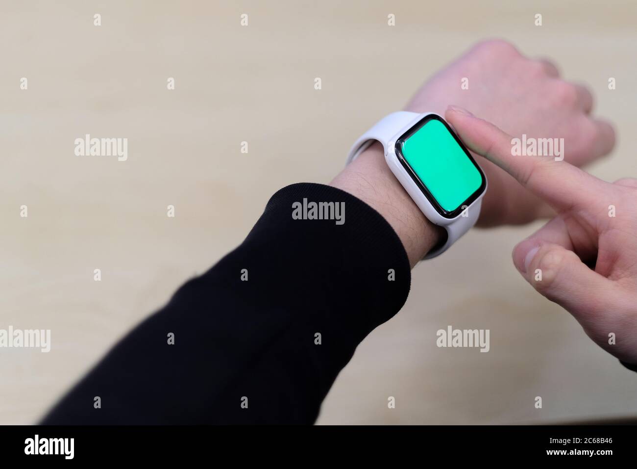 close up people using green screen smart watch on wrist. Blur ...