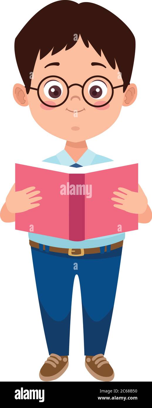 little student boy with uniform reading book character vector ...