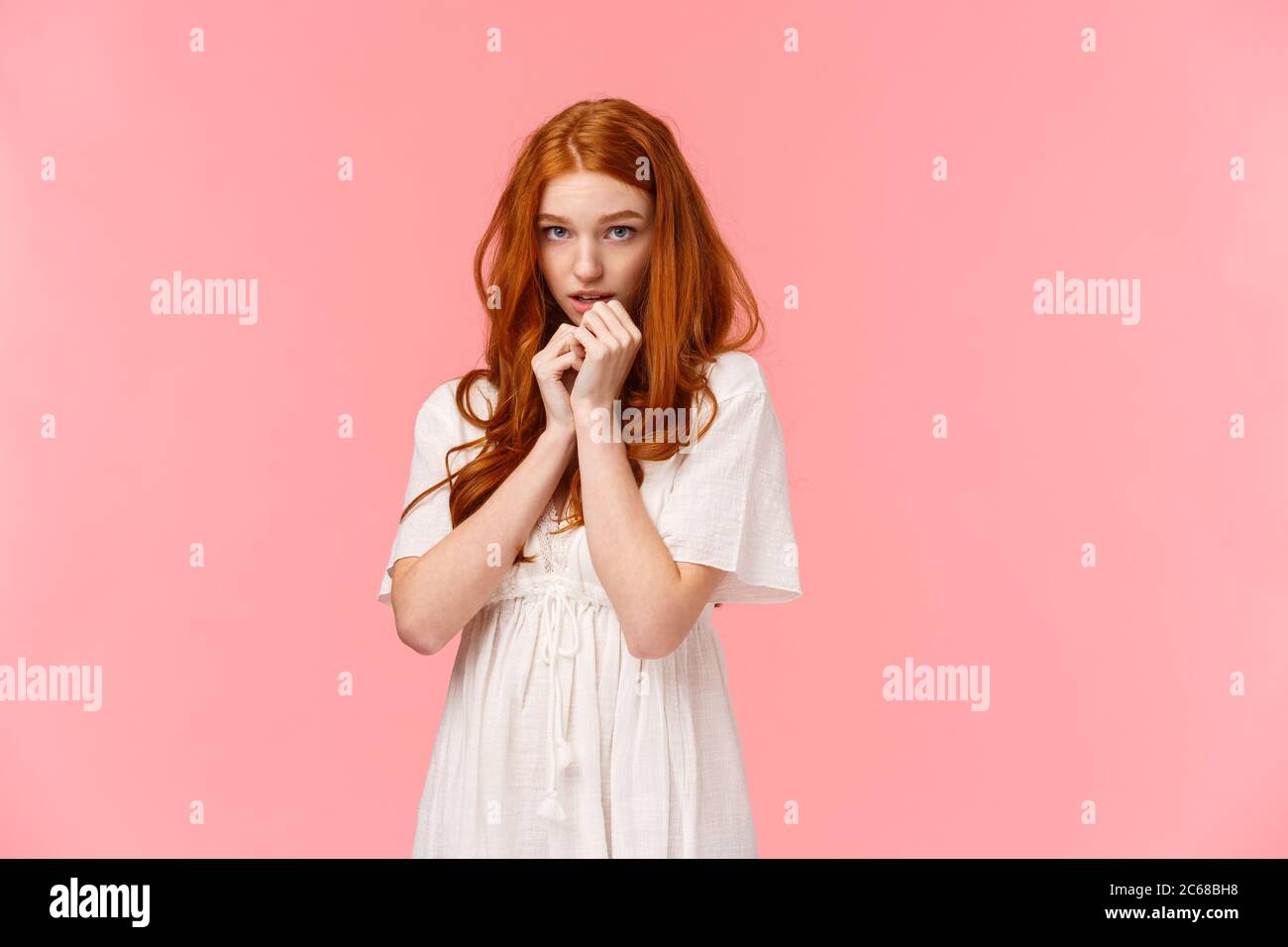 Timid kawaii, redhead european girl in white dress, looking shy and ...