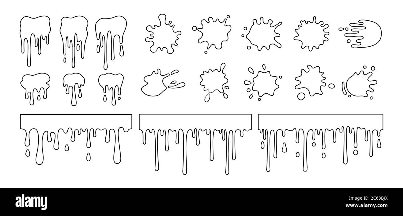 Splash, blob, outline shape set. Black line, round ink splatter glyph ...