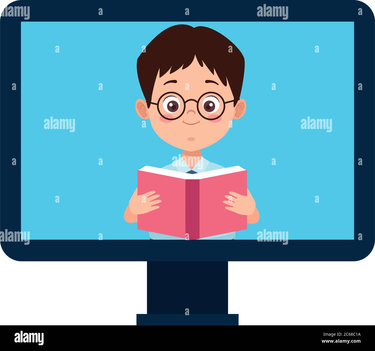 little student boy with uniform reading book in computer character ...