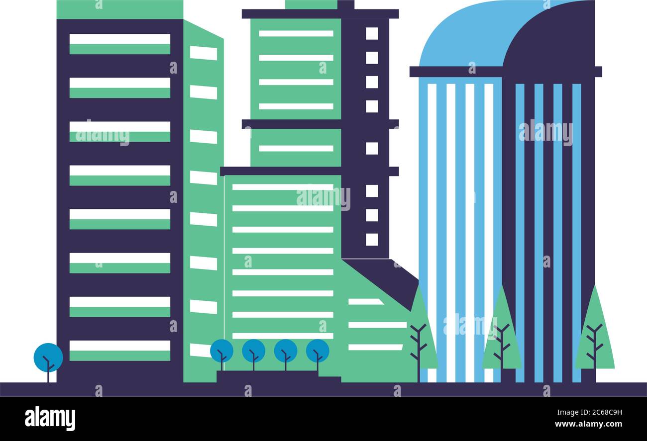 buildings constructions with trees city scene vector illustration ...