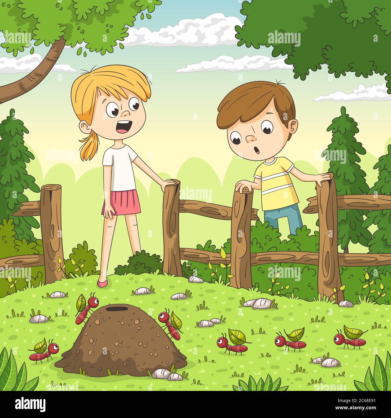 Two children watching ants in the garden. Hand drawn vector ...