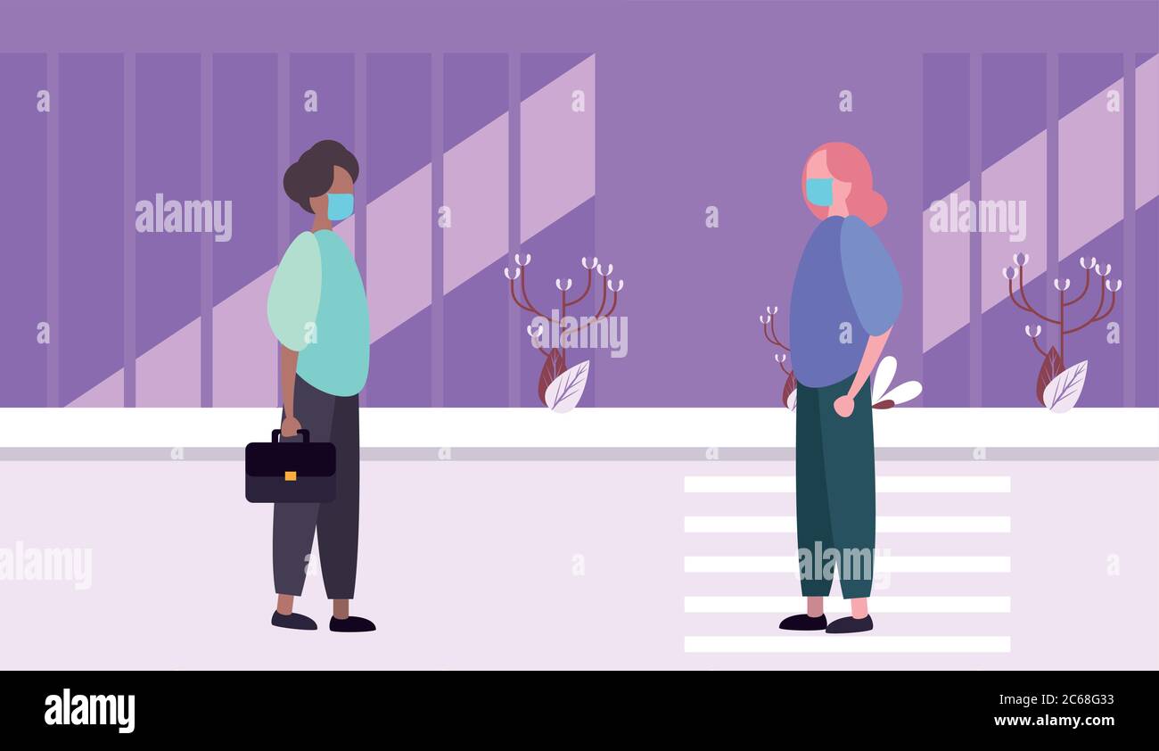 couple using face masks with social distancing for covid19 vector ...