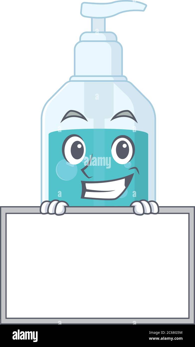 Hand sanitizer cartoon design style standing behind a board Stock ...