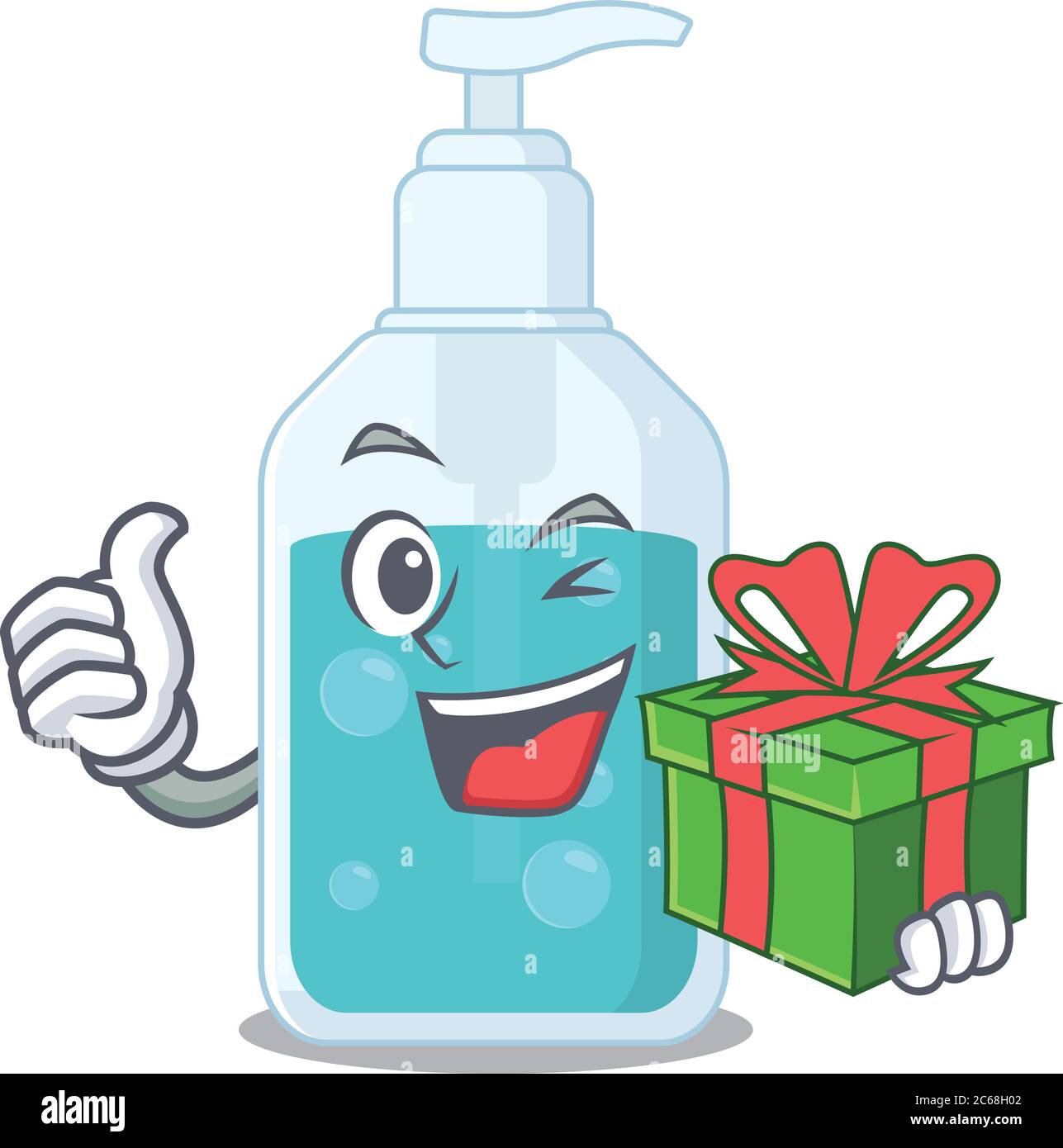 joyful hand sanitizer cartoon character with a big gift box Stock ...