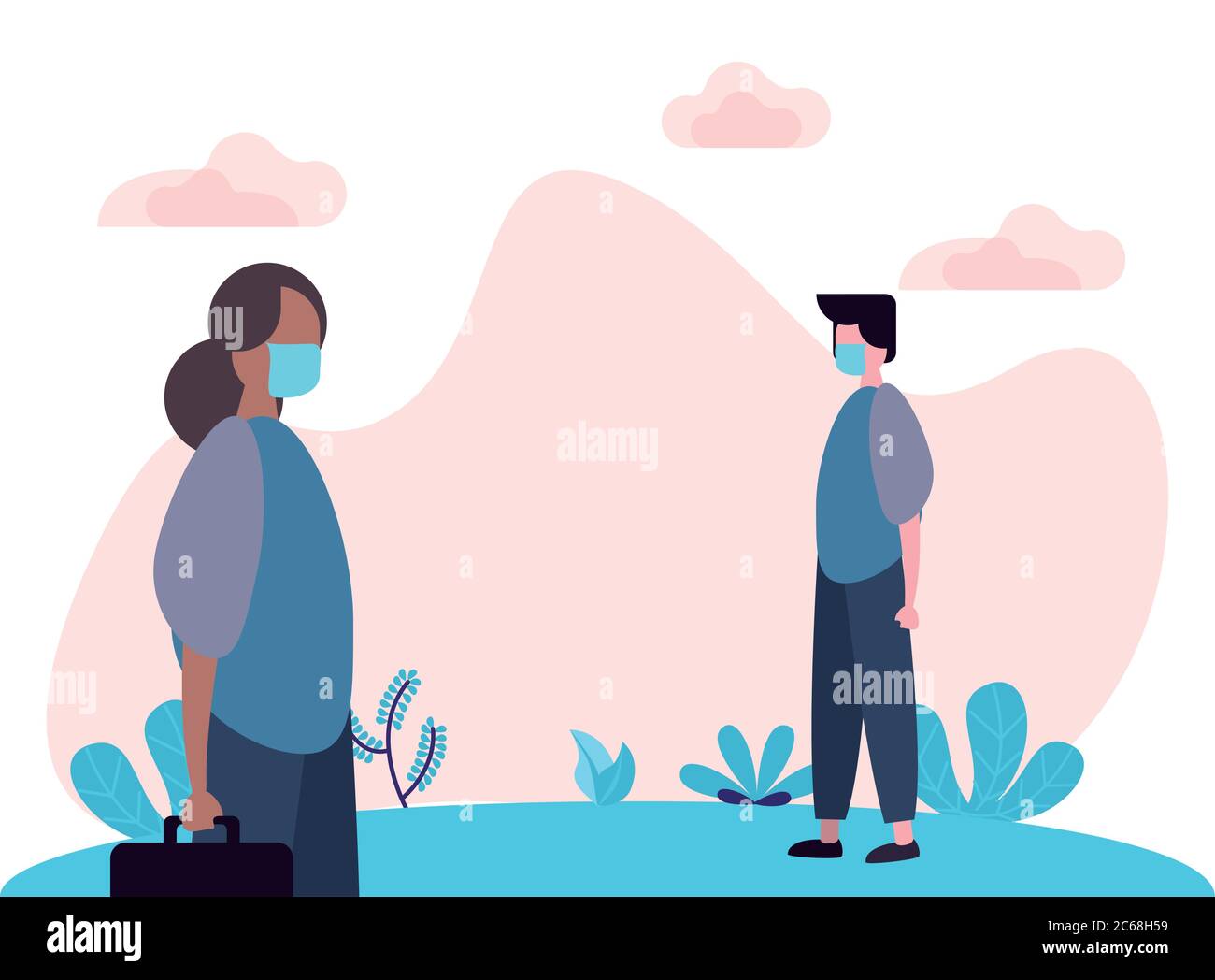 couple using face masks with social distancing for covid19 vector ...