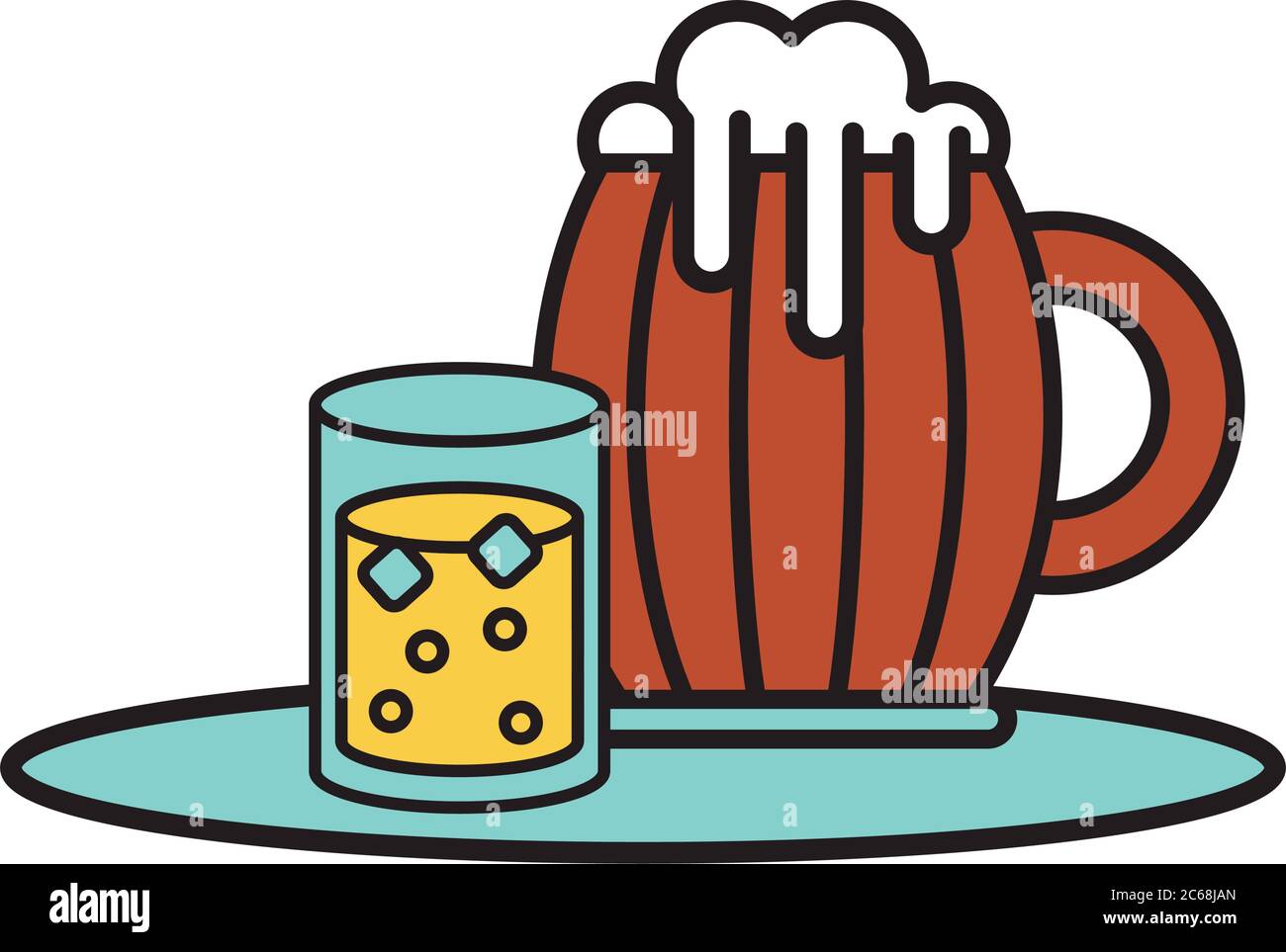 fresh beers wooden jar and glass drinks icons vector illustration ...