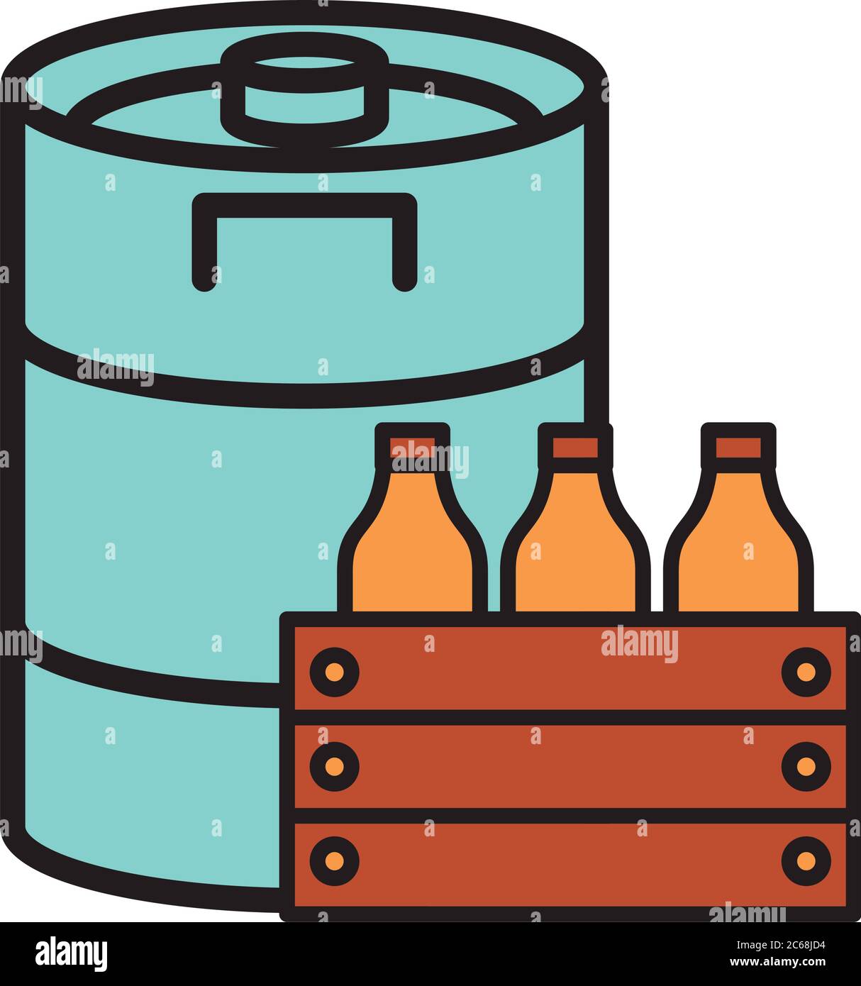 fresh beers bottles drinks in basket with barrel vector illustration ...