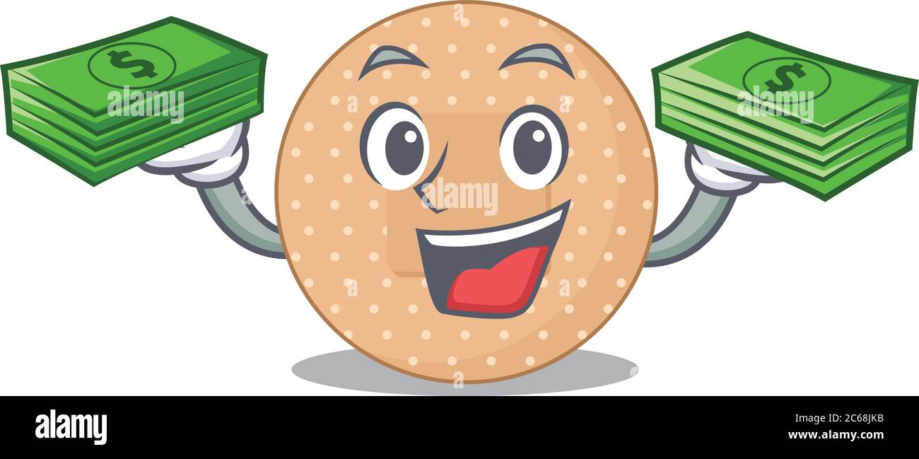 A wealthy rounded bandage cartoon character having much money on hands ...